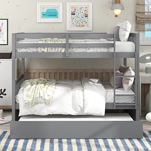 CITYLIGHT Full Over Full Bunk Beds with Trundle, Wooden Bunk Bed Full Over Full Size for Adults Teens, Detachable Full Bunk Bed Frame with High Length Guardrail,Grey