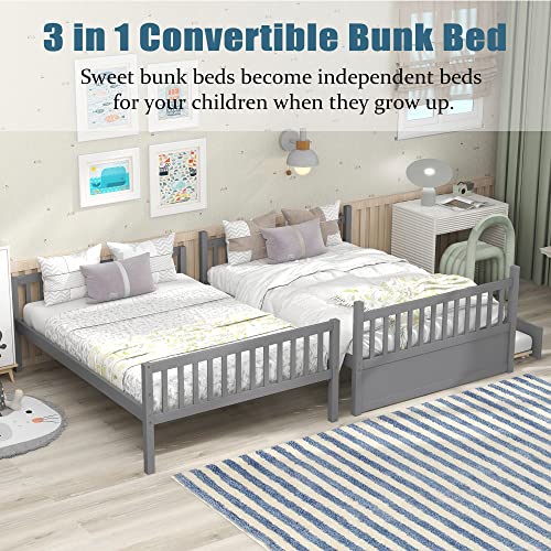 CITYLIGHT Full Over Full Bunk Beds with Trundle, Wooden Bunk Bed Full Over Full Size for Adults Teens, Detachable Full Bunk Bed Frame with High Length Guardrail,Grey