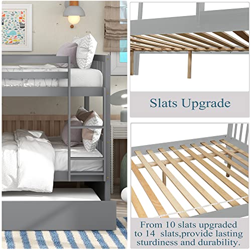 CITYLIGHT Full Over Full Bunk Beds with Trundle, Wooden Bunk Bed Full Over Full Size for Adults Teens, Detachable Full Bunk Bed Frame with High Length Guardrail,Grey