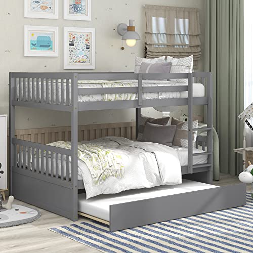 CITYLIGHT Full Over Full Bunk Beds with Trundle, Wooden Bunk Bed Full Over Full Size for Adults Teens, Detachable Full Bunk Bed Frame with High Length Guardrail,Grey