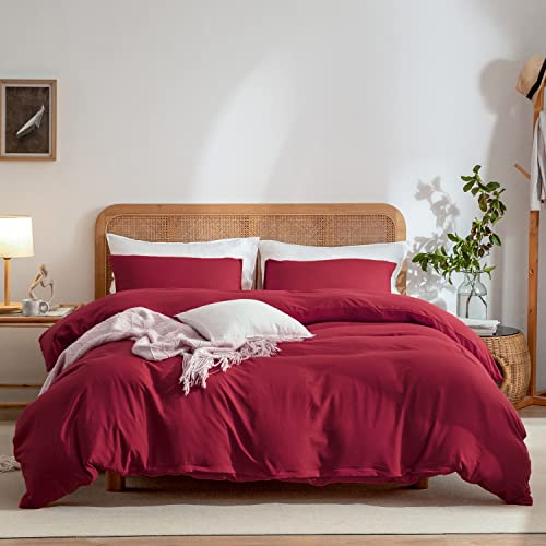 Red Duvet Cover Queen, 100% Washed Microfiber 3 Pieces Solid Color Casual Red Bedding Set for Men and Women, with Zipper Closure, Luxury Ultra Soft Relaxed Feel Natural Wrinkled Comfy (Red, Queen)