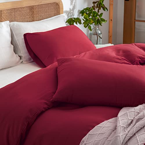 Red Duvet Cover Queen, 100% Washed Microfiber 3 Pieces Solid Color Casual Red Bedding Set for Men and Women, with Zipper Closure, Luxury Ultra Soft Relaxed Feel Natural Wrinkled Comfy (Red, Queen)