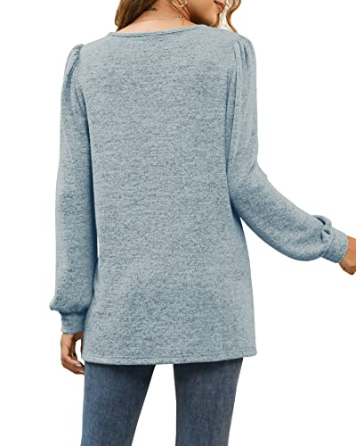 WIHOLL Tunic Shirts for Women Loose Fit Long Sleeve Square Neck Tops Grey Blue XL