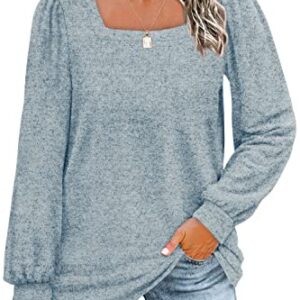 WIHOLL Tunic Shirts for Women Loose Fit Long Sleeve Square Neck Tops Grey Blue XL