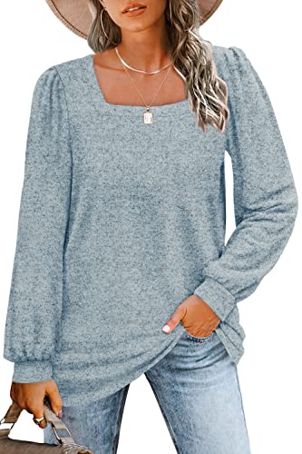 WIHOLL Tunic Shirts for Women Loose Fit Long Sleeve Square Neck Tops Grey Blue XL