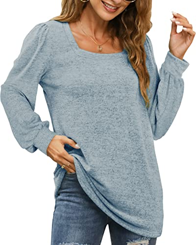 WIHOLL Tunic Shirts for Women Loose Fit Long Sleeve Square Neck Tops Grey Blue XL