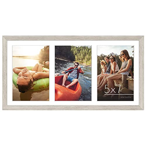 Americanflat 8x16 Collage Picture Frame in Driftwood - Displays Three 5x7 Frame Openings - Engineered Wood Panoramic Picture Frame with Shatter Resistant Glass, Hanging Hardware, and Easel