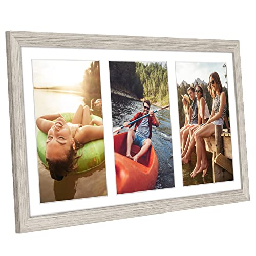 Americanflat 8x16 Collage Picture Frame in Driftwood - Displays Three 5x7 Frame Openings - Engineered Wood Panoramic Picture Frame with Shatter Resistant Glass, Hanging Hardware, and Easel