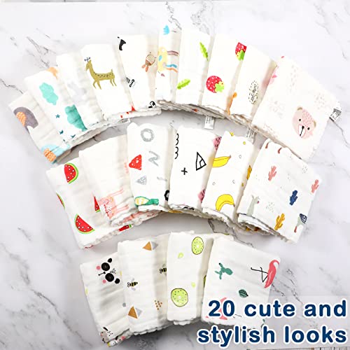 Kenning 20 Pack Muslin Baby Burp Cloths Large 20 x 10 Inches and 10 x 10 Inch Cotton Baby Burp Rags Cute Baby Towel and Washcloths Face Towels 6 Layers Absorbent for Baby Infant Shower, 20 Styles