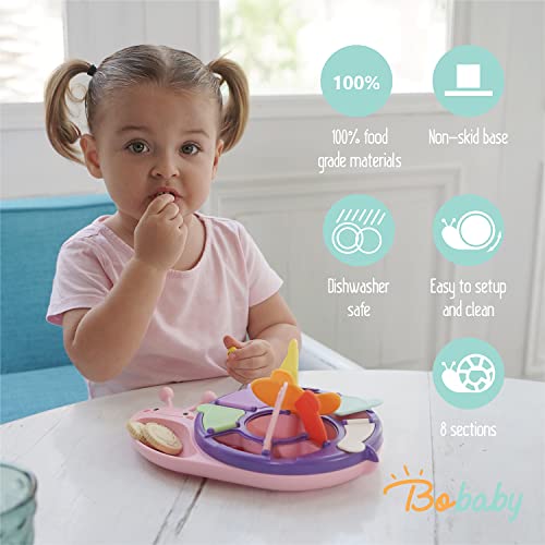 BoBaby Snail Snacker - Toddler Snack Container with 8 Sections and Lid | Food Grade Materials | Dishwasher Safe | Non-Skid Base | for Kids, Babies, Home & Travel | Educational (Yellow)