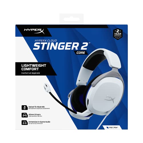 HyperX Cloud Stinger 2 Core - Gaming Headset for Playstation, Lightweight Over-Ear Headset with mic, Swivel-to-Mute Function, 40mm Drivers - White