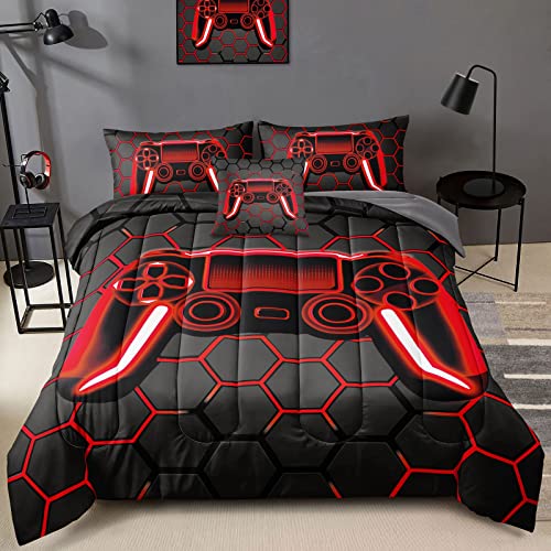 BDUCOK 6 Piece Gamer Comforter Sets Bed in A Bag for Boys Teen Kids,Honeycomb Gaming Bedding Sets Gamepad Comforter Microfiber Bed Set for All Season Gamer Home Decor(Green, 6 Piece Sets30023-Queen)