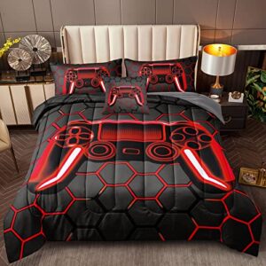 BDUCOK 6 Piece Gamer Comforter Sets Bed in A Bag for Boys Teen Kids,Honeycomb Gaming Bedding Sets Gamepad Comforter Microfiber Bed Set for All Season Gamer Home Decor(Green, 6 Piece Sets30023-Queen)