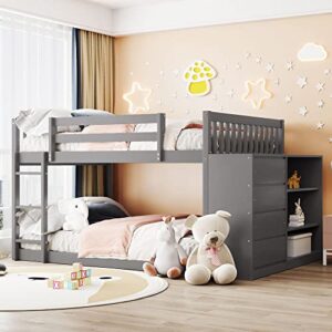 harper & bright designs bunk bed full over full with storage, wood ful lsize floor bunk beds with 4 drawers and 3 shelves for kids, low multi storage bunk beds frame for kids, teens, adults (grey)