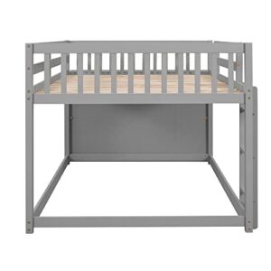 Harper & Bright Designs Bunk Bed Full Over Full with Storage, Wood Ful lSize Floor Bunk Beds with 4 Drawers and 3 Shelves for Kids, Low Multi Storage Bunk Beds Frame for Kids, Teens, Adults (Grey)