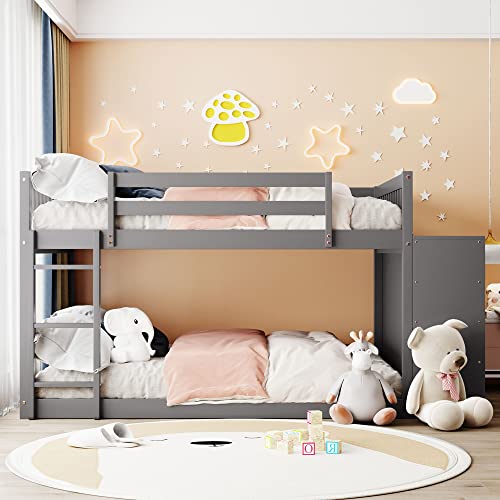 Harper & Bright Designs Bunk Bed Full Over Full with Storage, Wood Ful lSize Floor Bunk Beds with 4 Drawers and 3 Shelves for Kids, Low Multi Storage Bunk Beds Frame for Kids, Teens, Adults (Grey)