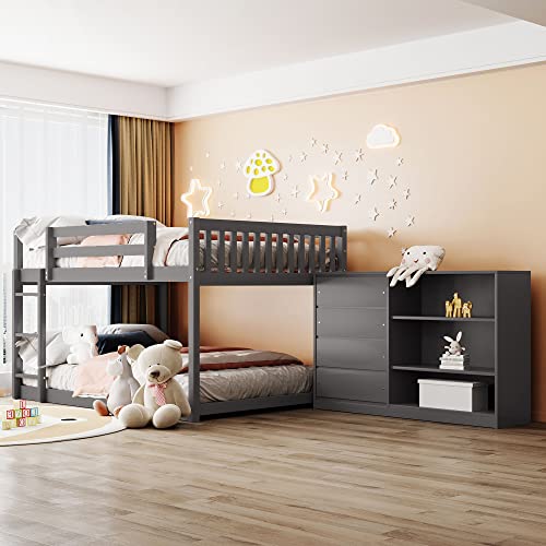 Harper & Bright Designs Bunk Bed Full Over Full with Storage, Wood Ful lSize Floor Bunk Beds with 4 Drawers and 3 Shelves for Kids, Low Multi Storage Bunk Beds Frame for Kids, Teens, Adults (Grey)