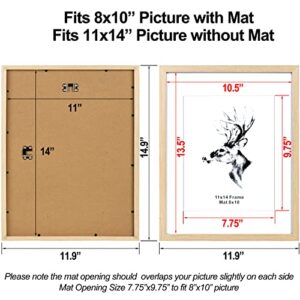 Yaetm 11x14 Picture Frame with Mat for 8x10 Set of 4, Solid Oak Wood Photo Frames with Tempered Glass, 11 x 14 Frames for Horizontal and Vertical Wall Mounting (4 pack, Oak)