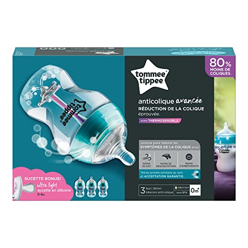 Tommee Tippee Advanced Anti-Colic Bottle Starter Set | 3X 9oz Bottles, Breast-Like Nipples, Unique Anti-Colic Vent | 0-6m Ultra-Light Silicone Pacifier