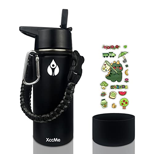 XccMe Kids Stainless Steel Water Bottle,16oz Kids water bottle for School,Insulated Kids Thermos with Straw Lid,Silicone Boot,16 Personalize Dinosaur Stickers and Paracord Handle(Black)