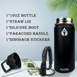 XccMe Kids Stainless Steel Water Bottle,16oz Kids water bottle for School,Insulated Kids Thermos with Straw Lid,Silicone Boot,16 Personalize Dinosaur Stickers and Paracord Handle(Black)