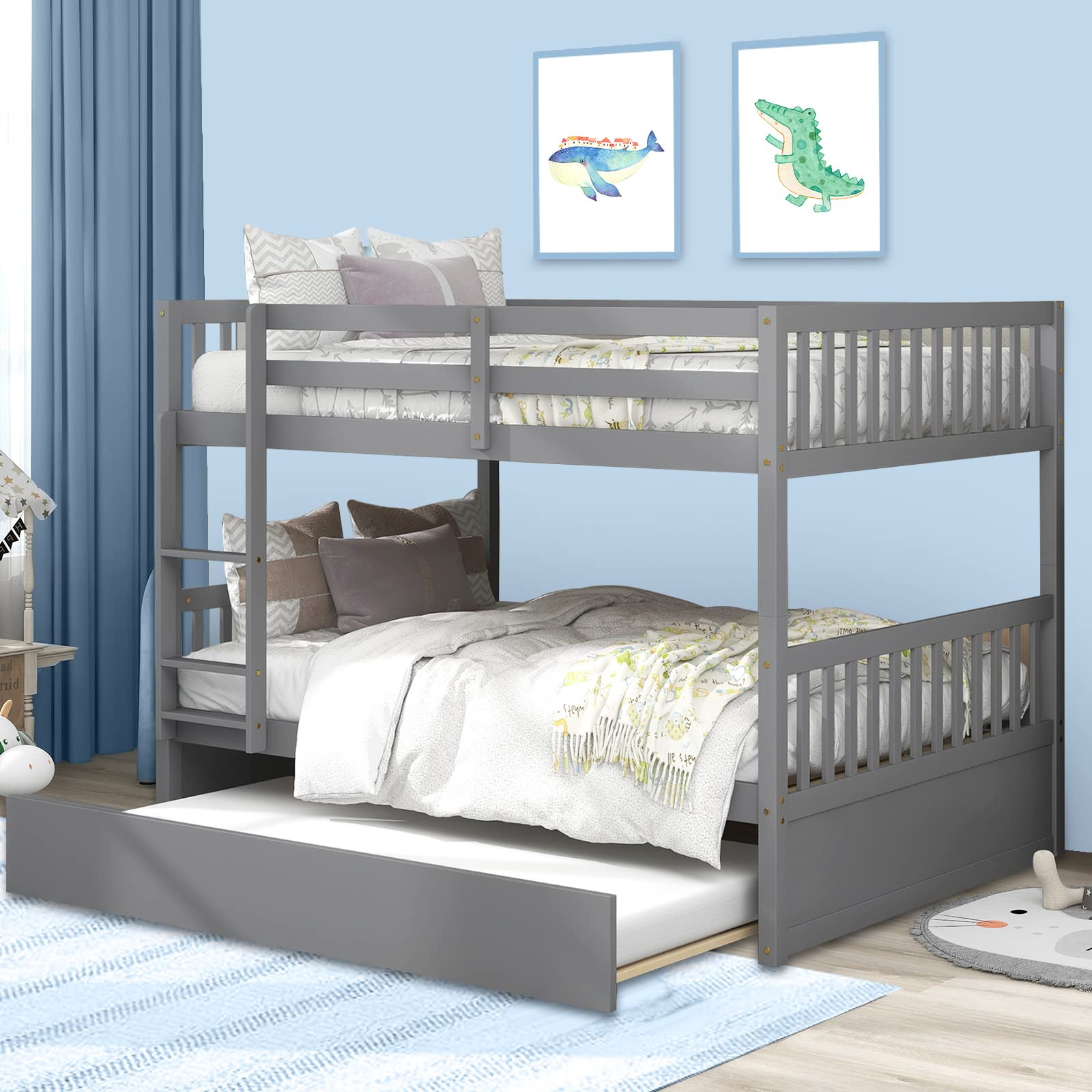 Unovivy Full Over Full Bunk Bed with Trundle, Bunk Beds Convertible to 2 Platform Full Size Bed Frame with Guardrails and Ladder, Suitable for Kids, Teens, Adults, No Box Spring Needed, Grey