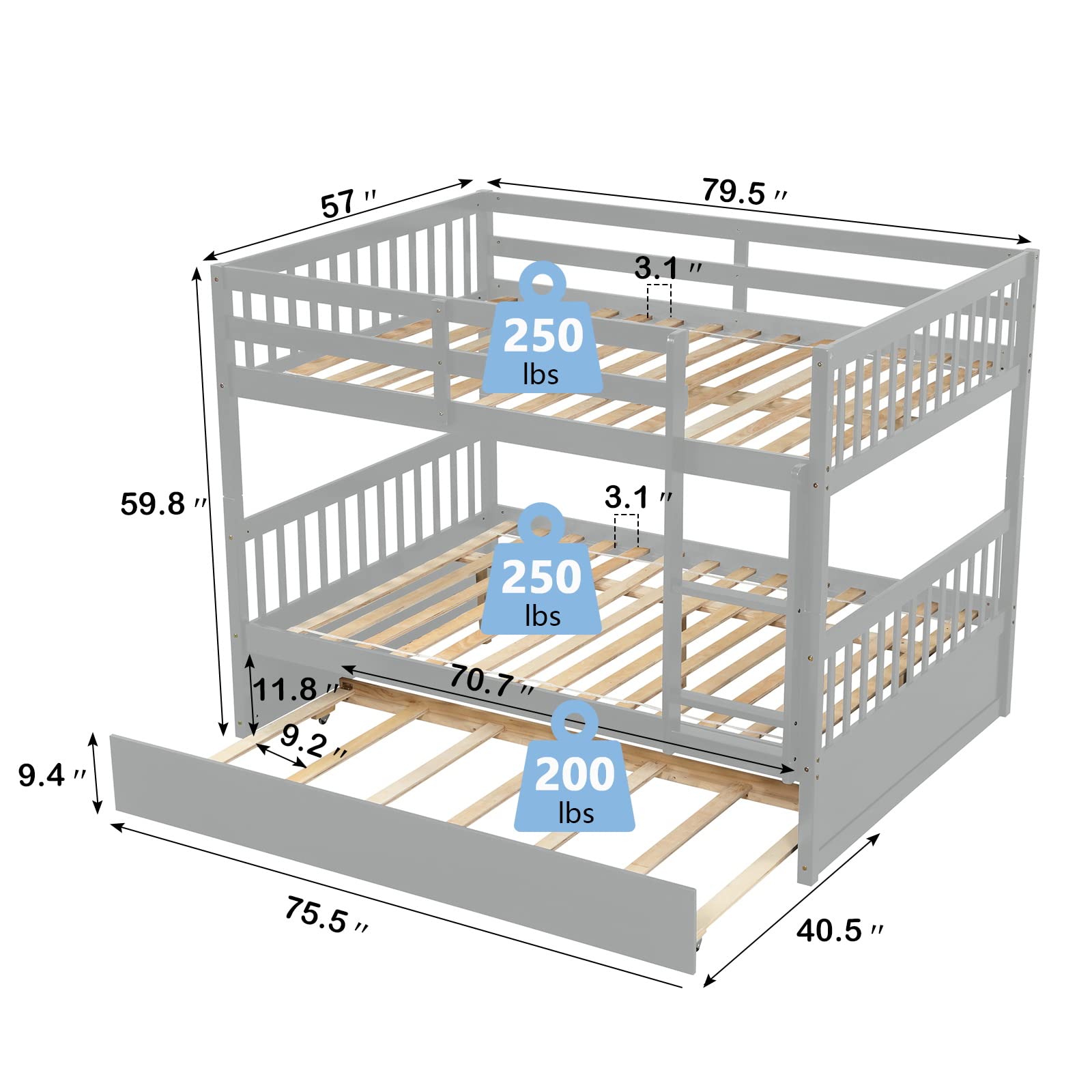 Unovivy Full Over Full Bunk Bed with Trundle, Bunk Beds Convertible to 2 Platform Full Size Bed Frame with Guardrails and Ladder, Suitable for Kids, Teens, Adults, No Box Spring Needed, Grey