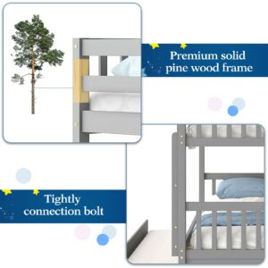 Unovivy Full Over Full Bunk Bed with Trundle, Bunk Beds Convertible to 2 Platform Full Size Bed Frame with Guardrails and Ladder, Suitable for Kids, Teens, Adults, No Box Spring Needed, Grey