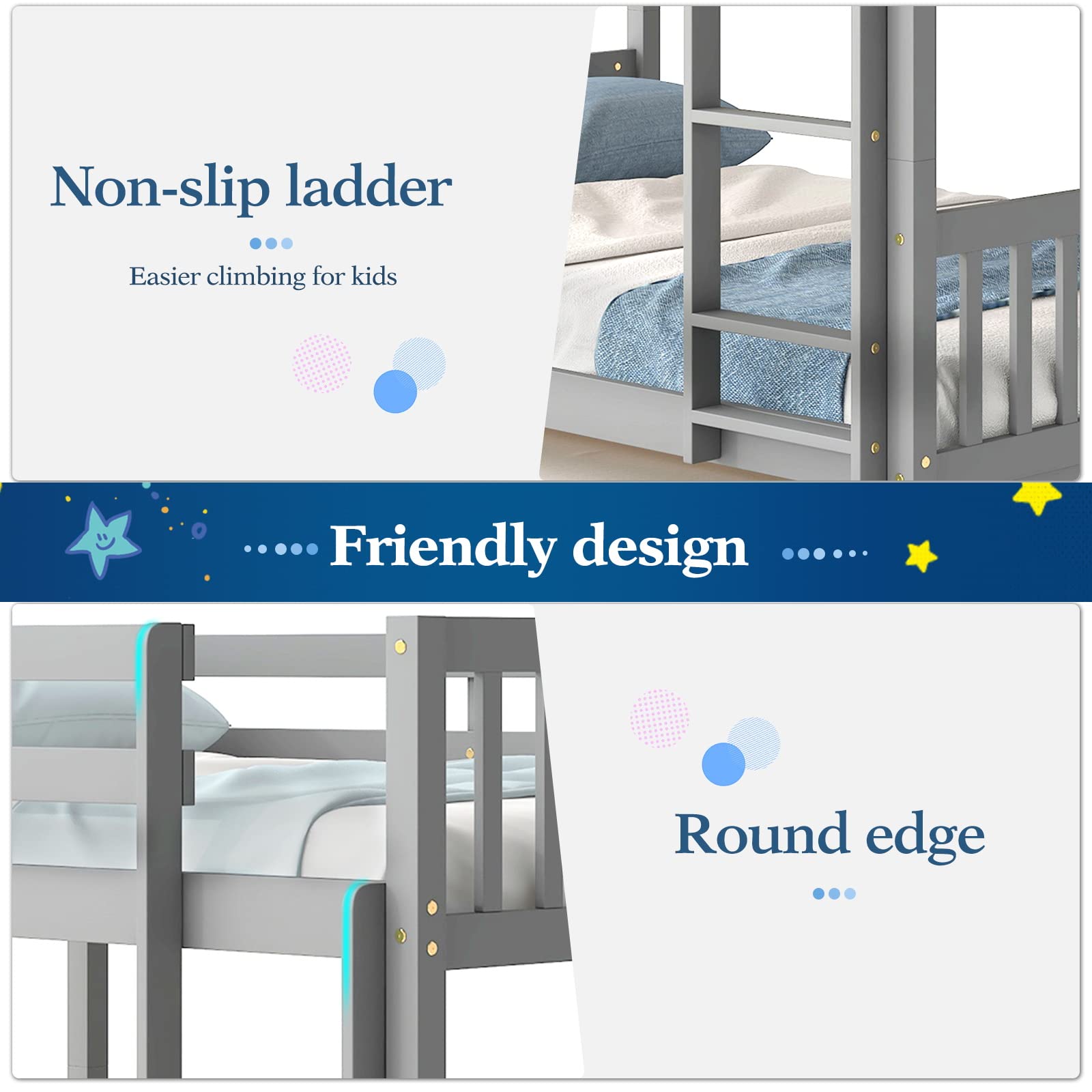 Unovivy Full Over Full Bunk Bed with Trundle, Bunk Beds Convertible to 2 Platform Full Size Bed Frame with Guardrails and Ladder, Suitable for Kids, Teens, Adults, No Box Spring Needed, Grey