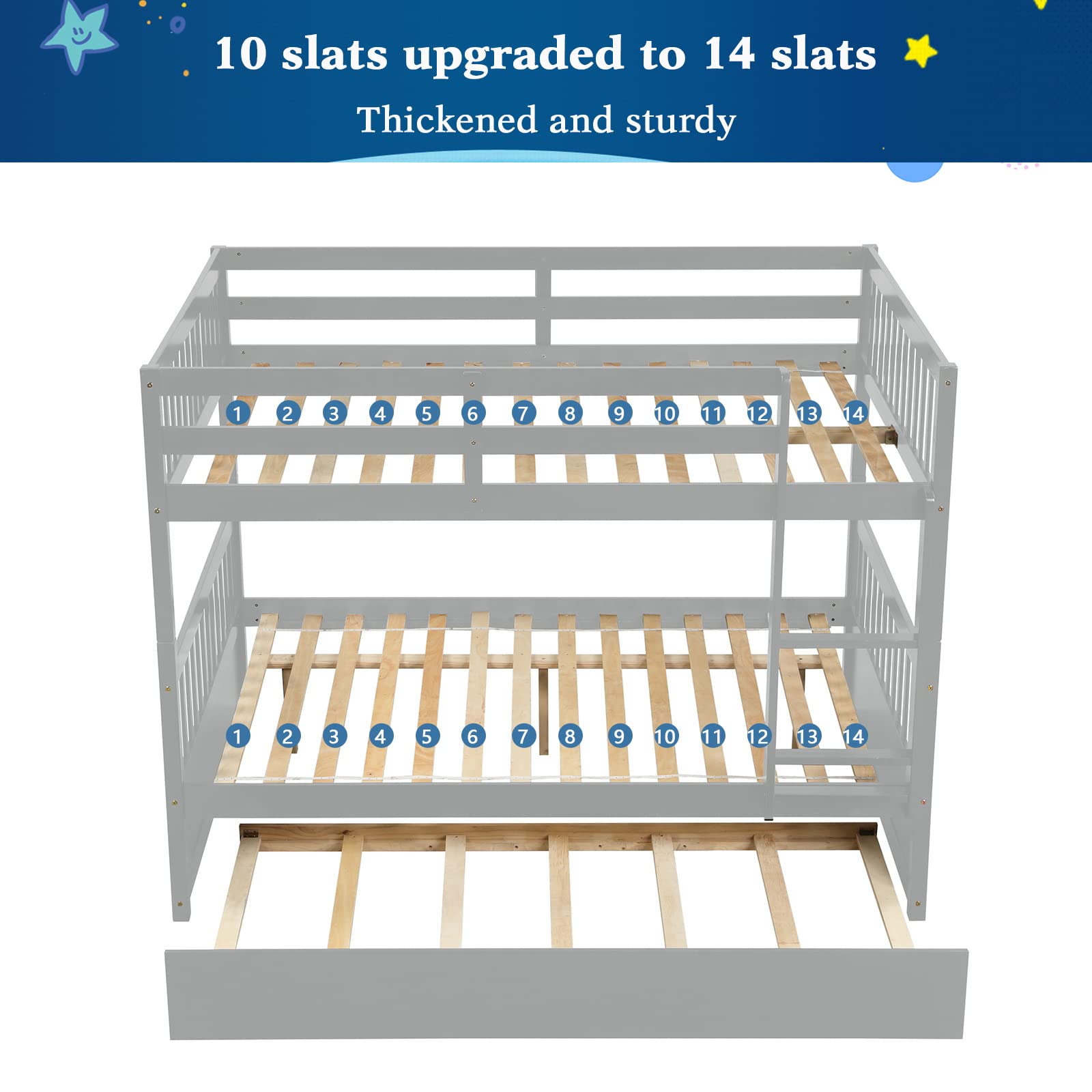 Unovivy Full Over Full Bunk Bed with Trundle, Bunk Beds Convertible to 2 Platform Full Size Bed Frame with Guardrails and Ladder, Suitable for Kids, Teens, Adults, No Box Spring Needed, Grey