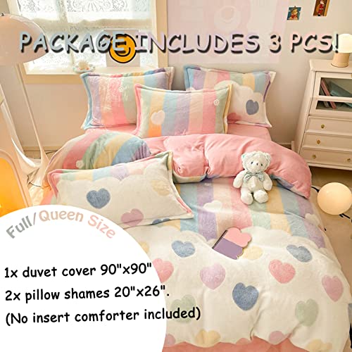 MorroMorn Pink Duvet Cover Queen, Rainbow Bedding Sets, Fluffy Comforter Covers Set, Down Alternative Blanket Ultra Soft Kawaii Cute for Girls Kids Teen Women Full Double Size