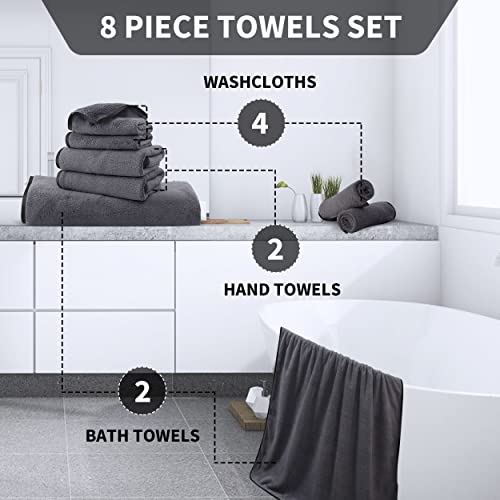 Cosy Family Microfiber 8-Piece Towel Set, 2 Bath Towels, 2 Hand Towels, and 4 Wash Cloths, Ultra Soft Highly Absorbent Towels for Bathroom, Gym, Hotel, Beach and Spa (Dark Grey)