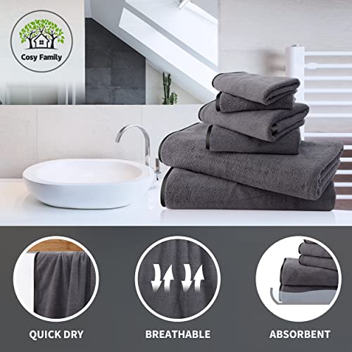 Cosy Family Microfiber 8-Piece Towel Set, 2 Bath Towels, 2 Hand Towels, and 4 Wash Cloths, Ultra Soft Highly Absorbent Towels for Bathroom, Gym, Hotel, Beach and Spa (Dark Grey)