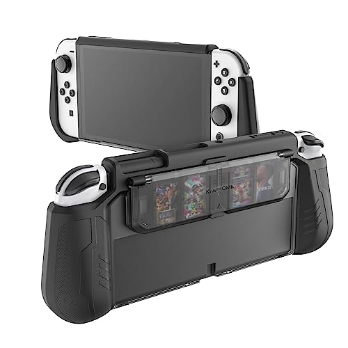 KIWIHOME Dockable Case Compatible with Nintendo Switch OLED Model 2021, [Flip Design 4 Game Card Slots], Ergonomic Comfort TPU Grip Protective Case for Switch OLED Console and Joy-Cons, Black