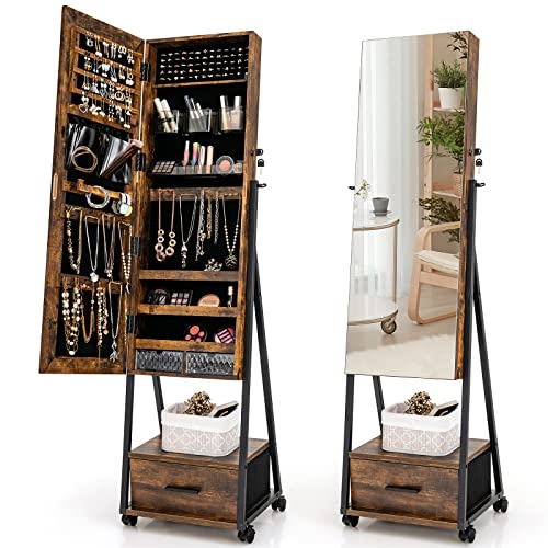 CHARMAID Rolling Jewelry Cabinet with Full Length Mirror, Lockable Standing Jewelry Armoire with Wheels, Steel Legs, Lipstick Brush Storage, Jewelry Organizer Box with Drawers (Rustic Brown)