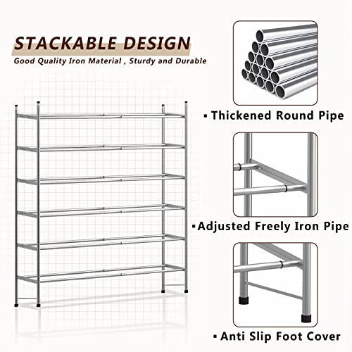 YIZAIJIA Shoe Rack Storage Organizer 6 Tier Expandable Metal Adjustable Shoe Shelf Free Standing Shoe Rack for Entryway Closet Doorway,Silver