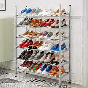 YIZAIJIA Shoe Rack Storage Organizer 6 Tier Expandable Metal Adjustable Shoe Shelf Free Standing Shoe Rack for Entryway Closet Doorway,Silver