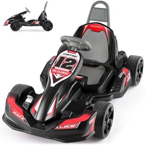 elemara electric go kart for kids, 12v 2wd battery powered ride on cars with parent remote control for boys girls,vehicle toy gift with adjustable seat,safety belt,usb port,horn,black