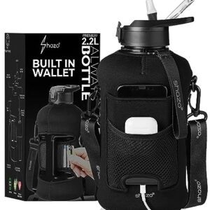 Half Gallon 2.2L Sports Water Bottle With Straw and Built In Wallet 74oz Large Gym Drink Container, Storage Sleeve, Bottle Brush, Phone Pocket - BPA Free Big Jug, Carry Handle Aesthetic Look - Black