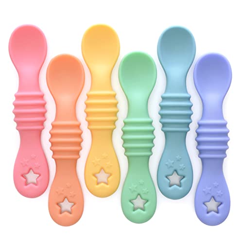 PrimaStella 3-in-1 Silicone First Stage Little Dippers Teething Spoons for Babies and Toddlers – Safety Tested – BPA Free – Microwave, Dishwasher and Freezer Safe - Rainbow