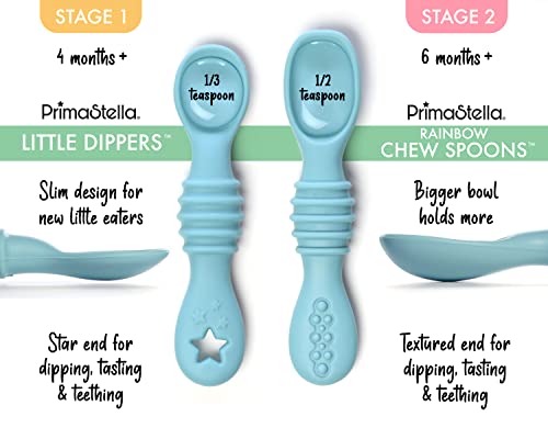 PrimaStella 3-in-1 Silicone First Stage Little Dippers Teething Spoons for Babies and Toddlers – Safety Tested – BPA Free – Microwave, Dishwasher and Freezer Safe - Rainbow