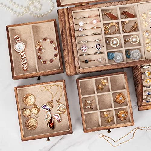 Poyilooo Jewelry Box Organizer, Solid Wood Jewelry Boxes for Women for Storage & Display Necklace Ring Earring Bracelet, Rustic Style Jewelry Organizer Box for Women Gifts (Carbonized Brown)