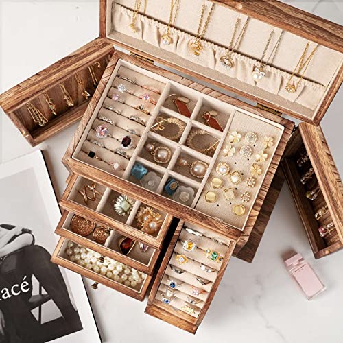 Poyilooo Jewelry Box Organizer, Solid Wood Jewelry Boxes for Women for Storage & Display Necklace Ring Earring Bracelet, Rustic Style Jewelry Organizer Box for Women Gifts (Carbonized Brown)