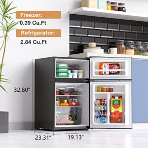 JOY Kitchen JR31TS1E10 2-Door Mini Fridge with Freezer Adjustable Thermostat, Removable Shelf, Energy Efficient, Front Leveling Legs, 3.1 Cu Ft, Stainless Steel