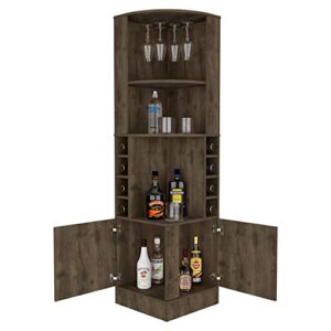 Tuhome Syrah Corner Bar Cabinet with 8 Wine Cubbies, 2 Cabinets, 2 Open Shelves, and Glass Rack, Dark Brown