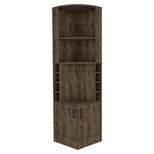 Tuhome Syrah Corner Bar Cabinet with 8 Wine Cubbies, 2 Cabinets, 2 Open Shelves, and Glass Rack, Dark Brown