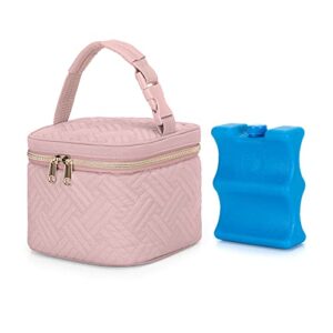 fasrom breastmilk cooler bag with ice pack fits 4 baby bottles up to 5 ounce, insulated baby bottle bag for nursing moms daycare or travel, easily attaches to stroller, pink (patent design)