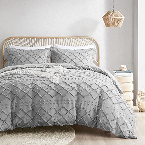 Codi Twyla Tufted Boho Duvet Cover King Sizes, Grey Microfiber Bedding Set for All Seasons, Embroidery Shabby Chic Comforter Covers with Zipper, 3-Pieces Including Matching Pillow Shams (104"x 90")