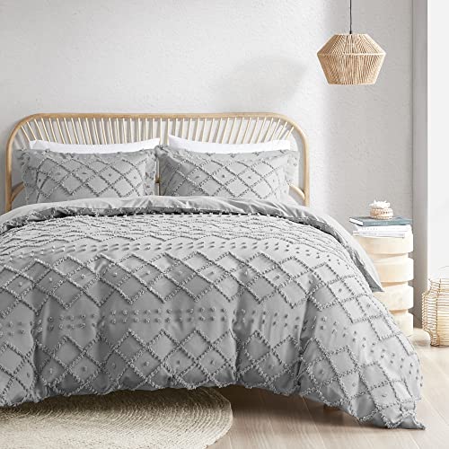 Codi Twyla Tufted Boho Duvet Cover King Sizes, Grey Microfiber Bedding Set for All Seasons, Embroidery Shabby Chic Comforter Covers with Zipper, 3-Pieces Including Matching Pillow Shams (104"x 90")