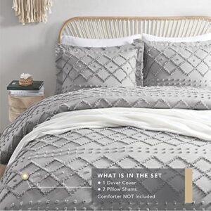 Codi Twyla Tufted Boho Duvet Cover King Sizes, Grey Microfiber Bedding Set for All Seasons, Embroidery Shabby Chic Comforter Covers with Zipper, 3-Pieces Including Matching Pillow Shams (104"x 90")